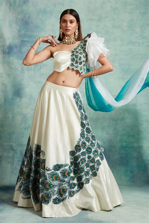 Buy Ivory Crepe Embroidered Sequin One Peacock Blouse And Lehenga Set