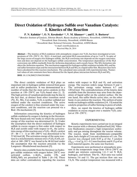 Pdf Direct Oxidation Of Hydrogen Sulfide Over Vanadium Catalysts I Kinetics Of The Reaction