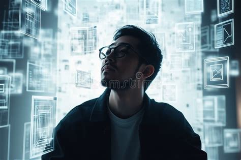 A Man Gazes Thoughtfully At Floating Data Visualizations In A Modern