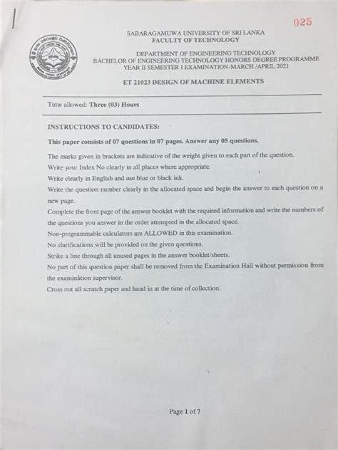 Design Of Machine Element Exam Paper Pdf