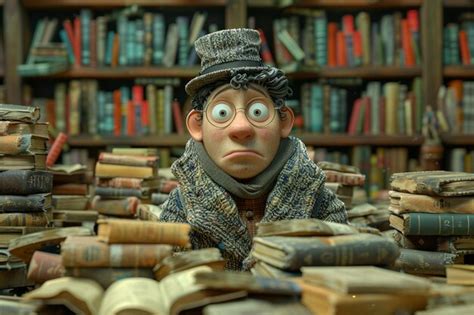 Premium Photo A 3d Stylized Character Of A Bookworm Bewildered By Books In A Library Filled