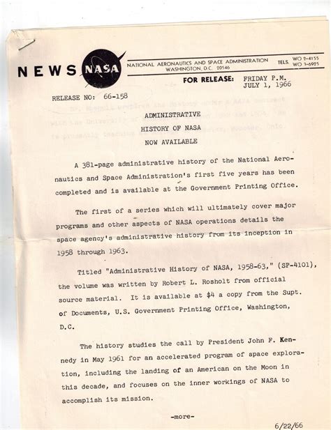 An Administrative History Of Nasa 1958 1963 By Rosholt Robert L Near Fine Cloth 1966 First