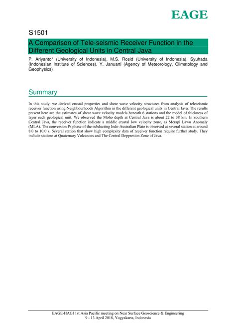 Pdf A Comparison Of Tele Seismic Receiver Function In The Different Geological Units In