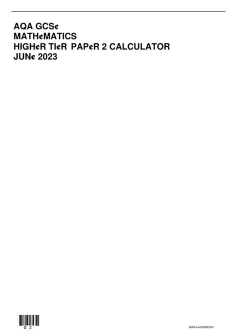 Aqa Gcse Mathematics Higher Tier Paper 2 Calculator June 2023 Aqa Stuvia Us