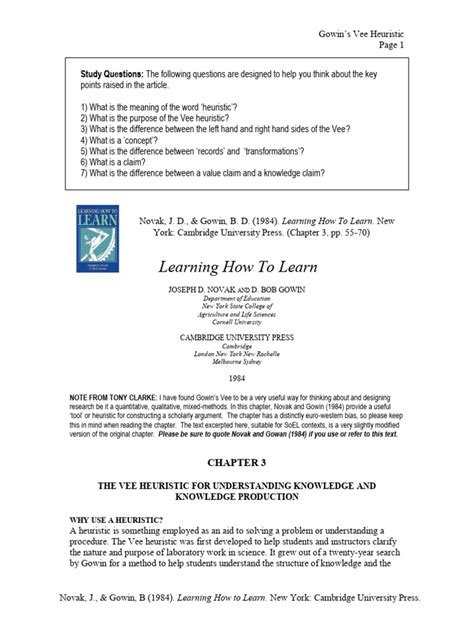 Novak J D Gowin B D 1984 Learning How To Learn Chapter 3 Pp 55 70 Pdf Knowledge Theory
