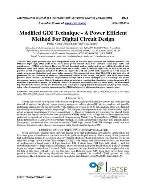 Modified Gdi Technique A Power Efficient Method For Digital Circuit Design Pdf Cmos