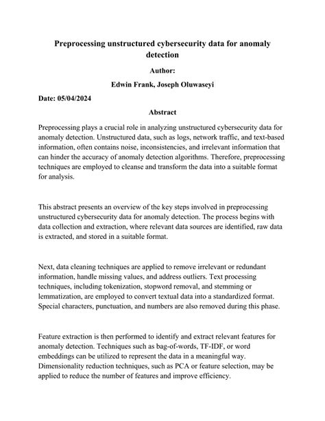Pdf Preprocessing Unstructured Cybersecurity Data For Anomaly Detection Author