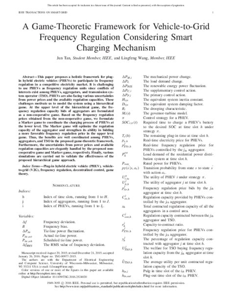 Pdf A Game Theoretic Framework For Vehicle To Grid Frequency Regulation Considering Smart