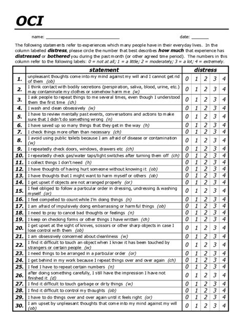 Fillable Online Obsessive Compulsive Inventory Revised Oci R Psychology Tools Fax Email