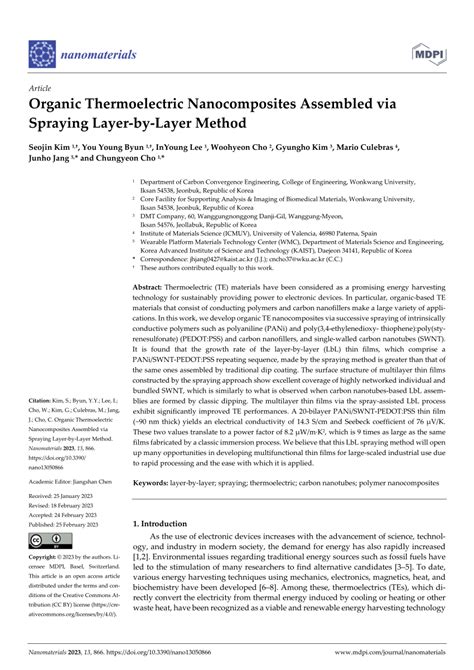 Pdf Organic Thermoelectric Nanocomposites Assembled Via Spraying Layer By Layer Method