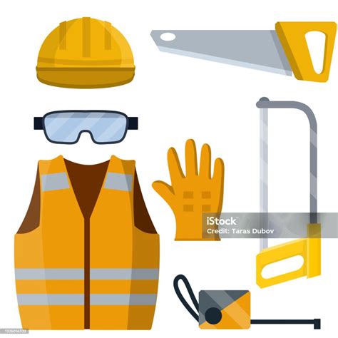 의류 빌더 와 노동자의 세트 나무를 자르기 위한 안전 및 도구 만화 평면 일러스트 수리 및 유지 보수 노란색 조끼 헬멧 안경 장갑 퍼즐과 목재 잭의 톱 가솔린에 대한 스톡