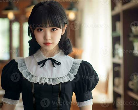 Cute Asian Young Girl Dressed In Lolita Maid Dress Ai Generative