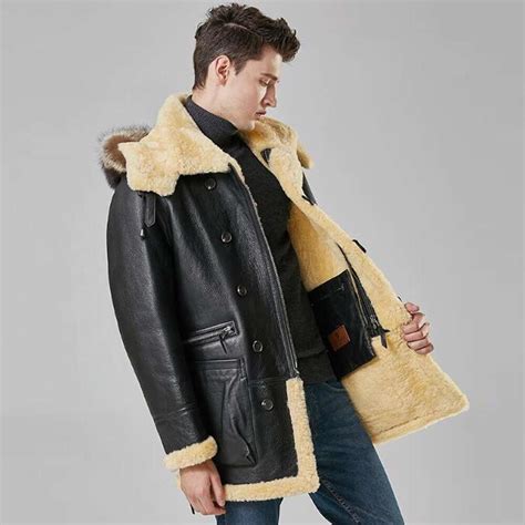 Dennyanddora Mid Length Sheepskin Coat For Men Genuine Leather Shearling