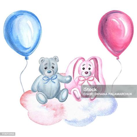 분홍색과 파란색 풍선이 있는 화려한 구름 위에 있는 귀여운 테디베어와 토끼 수채화 물감은 흰색 배경에 그림을 그려 디자인하고 초대장을 장식하고 스티커를 만들고 직물을 만든다
