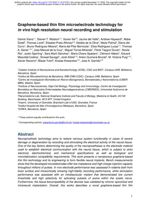 Pdf Graphene Based Thin Film Microelectrode Technology For In Vivo High Resolution Neural