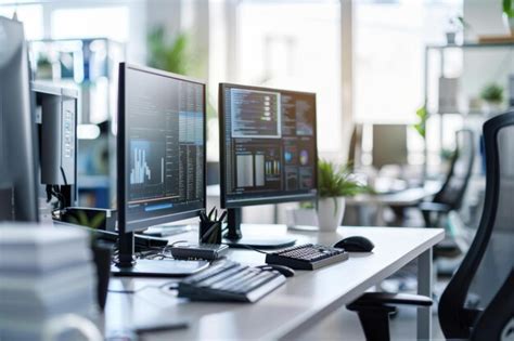 Modern Office Workspace Dual Monitors Data Visualization Tech Professionals Premium Ai