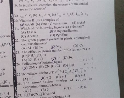 The Oxidation Number Of Pt In [pt C2 H4 Cl3 ]−is A 1 B 2 C 3