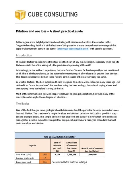Dilution And Ore Loss A Short Practical Guide Pdf Mining Geology