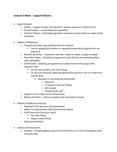 Lecture 3 Logic Lecture 3 Notes Logical Fallacies Logical Fallacies O Fallacy A Logical