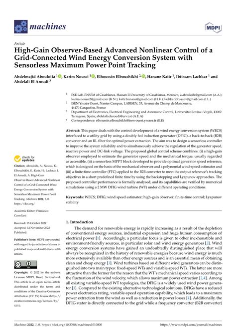 Pdf High Gain Observer Based Advanced Nonlinear Control Of A Grid Connected Wind Energy