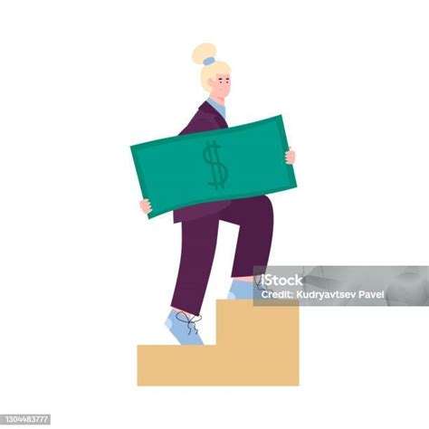 돈으로 계단을 오르는 비즈니스 우먼 만화 벡터 일러스트 레이션 고립 개념에 대한 스톡 벡터 아트 및 기타 이미지 개념 계단 공유 개념 Istock