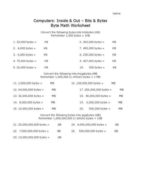 Computers Inside And Out Bits And Bytes Byte Math Worksheet Pdf