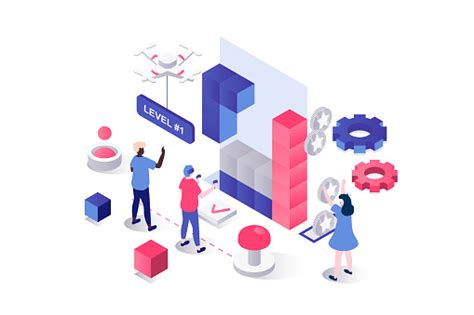 가상 현실 3d Isometric 개념 기하학 그래픽 디자인 웹에 대 한 비디오 게임용 Vr 헤드셋 및 컨트롤러를 사용하는 사람들 시뮬레이션 기술로 시각적 공간에서 노는