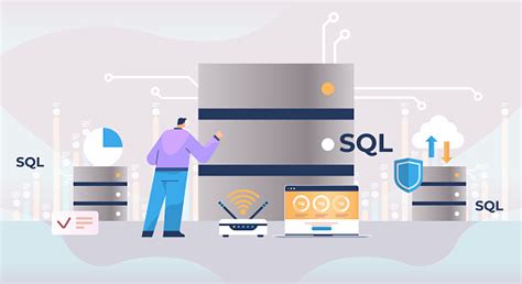 데이터 서버 Sql 구조화 쿼리 언어 개념 수평으로 작업하는 남성 관리자 데이터베이스에 대한 스톡 벡터 아트 및 기타 이미지