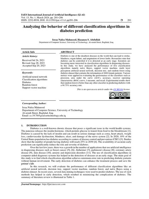 Analyzing The Behavior Of Different Classification Algorithms In Diabetes Prediction Pdf