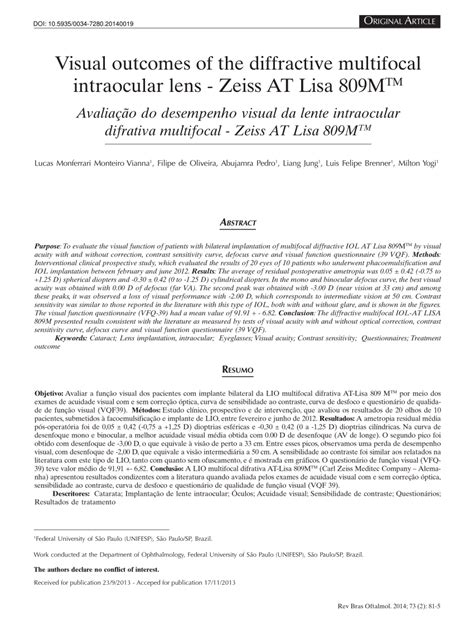 Pdf Visual Outcomes Of The Diffractive Multifocal Intraocular Lens Zeiss At Lisa 809m Tm