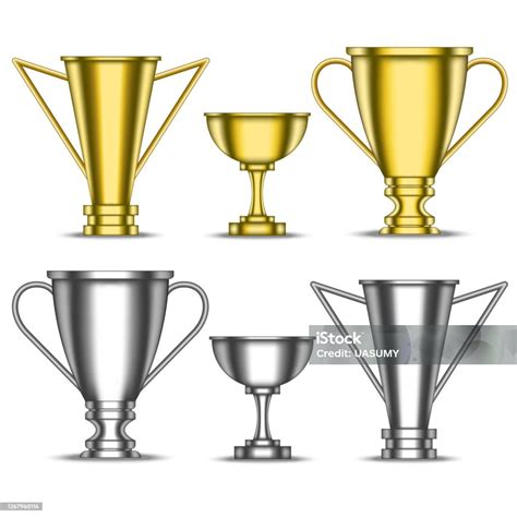 골드 와 실버 트로피 컵 다양한 형태의 수상자 시상식에 대한 스포츠 금속 상 세트 흰색에 고립 된 사실적인 3d 벡터 모델 1위에 대한 스톡 벡터 아트 및 기타 이미지