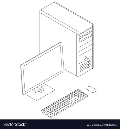 Contour A Computer With System Unit Monitor Vector Image