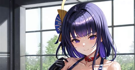 雷電将軍 雷電将軍にえっちなスク水ニーソグローブを着てもらった 紫苑🌠aiイラストのイラスト Pixiv