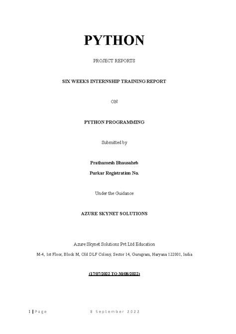 Prathamesh Purkar Python Project Report 1 P A G E 8 S E P T E M B E