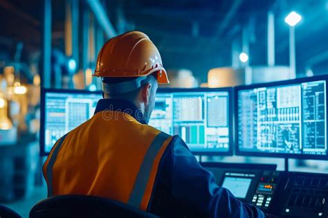 Industrial Engineer Monitoring Progress Expert Engineer In Hard Hat At Control Panel With