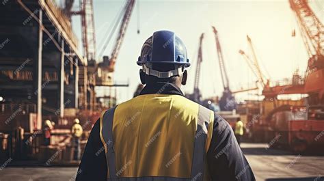 Premium Ai Image A Man Wearing Full Ppe Standing Looking At Port Cargo Container Box At A