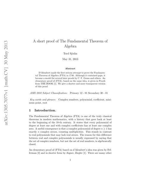 Pdf A Short Proof Of The Fundamental Theorem Of Algebra