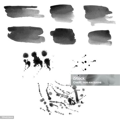그레이 스케일 수채화 효과의 집합입니다 그런지 벡터 손 그림 포스터 로고 브러쉬 광고 템플릿 패턴 배너 아이콘에 대한 디자인 요소 흰색 격리 된 배경입니다 0명에 대한 스톡