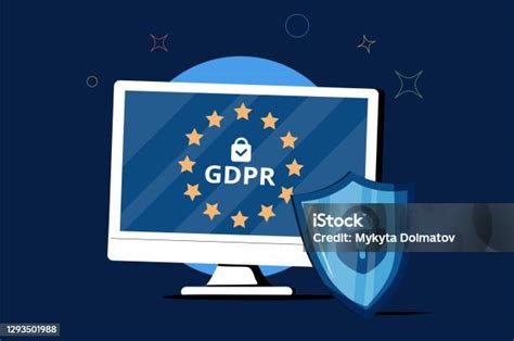 Karakter Kartun Positif Dengan Perisai Di Depan Monitor Pc Dengan Keterangan Gdpr Kepatuhan Gdpr