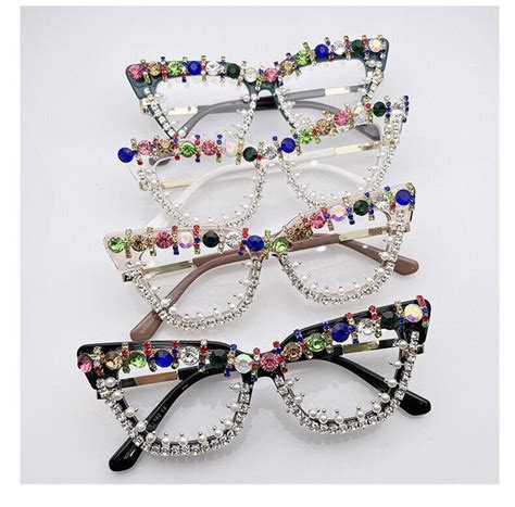 Women Handmade Bling Cat Eye Glasses Frames Gorgeous Rhinestone