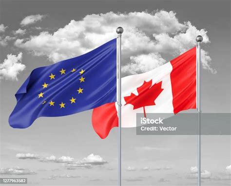 두 개의 사실적인 플래그 유럽 연합 Vs 캐나다 유럽 연합과 캐나다의 두꺼운 색상의 실키 플래그 하늘 배경에 3d 그림 일러스트레이션 0명에 대한 스톡 사진 및 기타 이미지