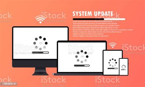 컴퓨터 모니터 노트북 태블릿 및 스마트폰 장치 아이콘 로딩 프로세스 시스템 업데이트 벡터 Eps 10 백그라운드에서 격리 개념에 대한 스톡 벡터 아트 및 기타 이미지