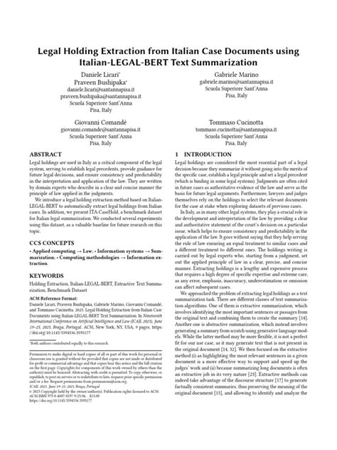 Legal Holding Extraction From Italian Case Documents Using Italian Legal Bert Text Summarization