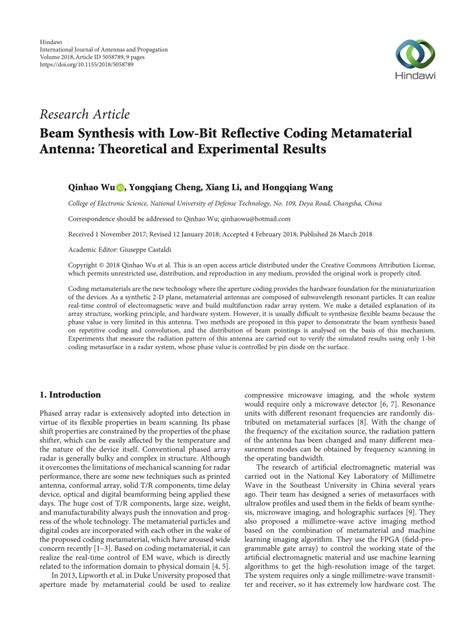 Pdf Beam Synthesis With Low Bit Reflective Coding Metamaterial