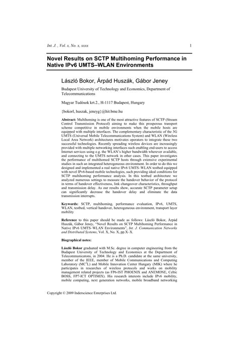 Pdf Novel Results On Sctp Multihoming Performance In Native Ipv6 Umts