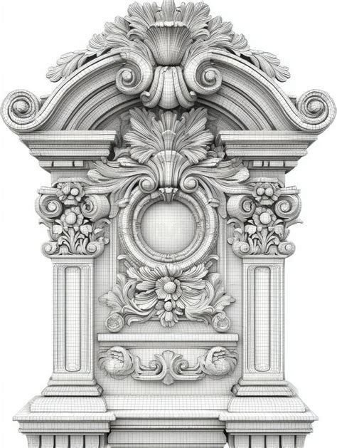 Ornate Architectural Pediment 3d Model Wireframe Render Stock