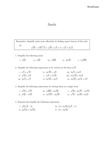 Surds All Questions Including Exam Style Teaching Resources