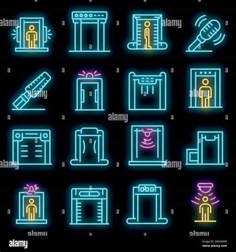 Metal Detector Icons Set Outline Set Of Metal Detector Vector Icons Neon Color On Black Stock