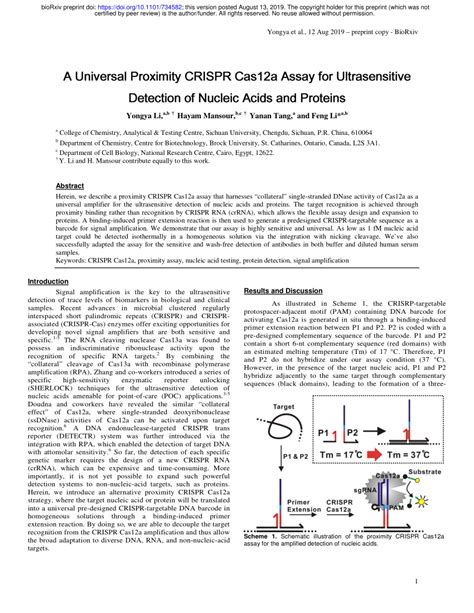 Pdf A Universal Proximity Crispr Cas12a Assay For Ultrasensitive Detection Of Nucleic Acids