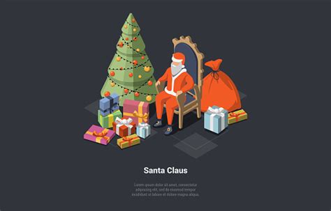 겨울 방학 및 휴가의 개념 쾌활한 산타는 많은 선물과 아름다운 크리스마스 트리로 뒤에 자루와 함께 안락 의자에 앉아 새해 복 많이 받으세요 아이소메트릭 3d 벡터 일러스트